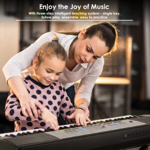 MAMIZO 61 Key Keyboard Piano, Electric Piano Keyboard for Beginners with X-Stand, Stool, Microphone, Dual Power Supply, 3 Teaching Modes, LCD, Supports USB MIDI, Perfect for Children