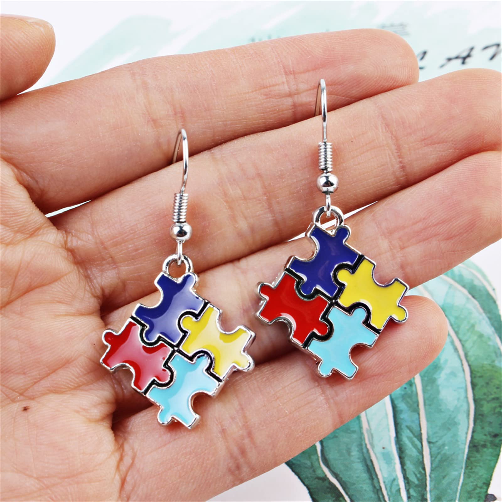 Dreuyet 8 Pairs Autism Awareness Earring Set for Women Creative Multi Color Awareness Jigsaw Autism Puzzle Geometric Earrings Jewelry (8 Pairs Autism Puzzle)