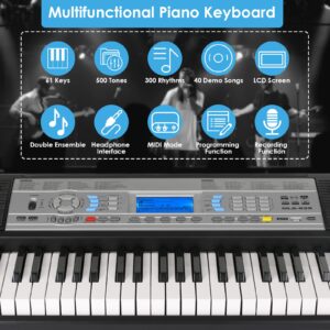 MAMIZO 61 Key Keyboard Piano, Electric Piano Keyboard for Beginners with X-Stand, Stool, Microphone, Dual Power Supply, 3 Teaching Modes, LCD, Supports USB MIDI, Perfect for Children