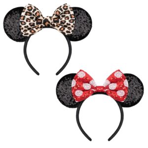 yuniss shiny sequin mouse headbands for women & girls, christmas birthday party (leopard & dot patterns)