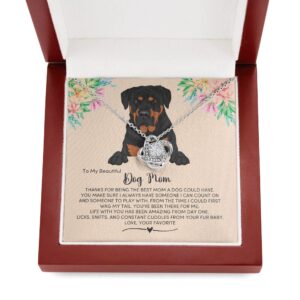 Rottweiler Dog Mom, Necklace for My Rottweiler Fur Mom, Rottweiler Dog Portrait Message Card for my Dog Mum, Dog Mom Jewelry Present Pet Owner Mahogany Style Luxury Box (w/LED) - Love Knot