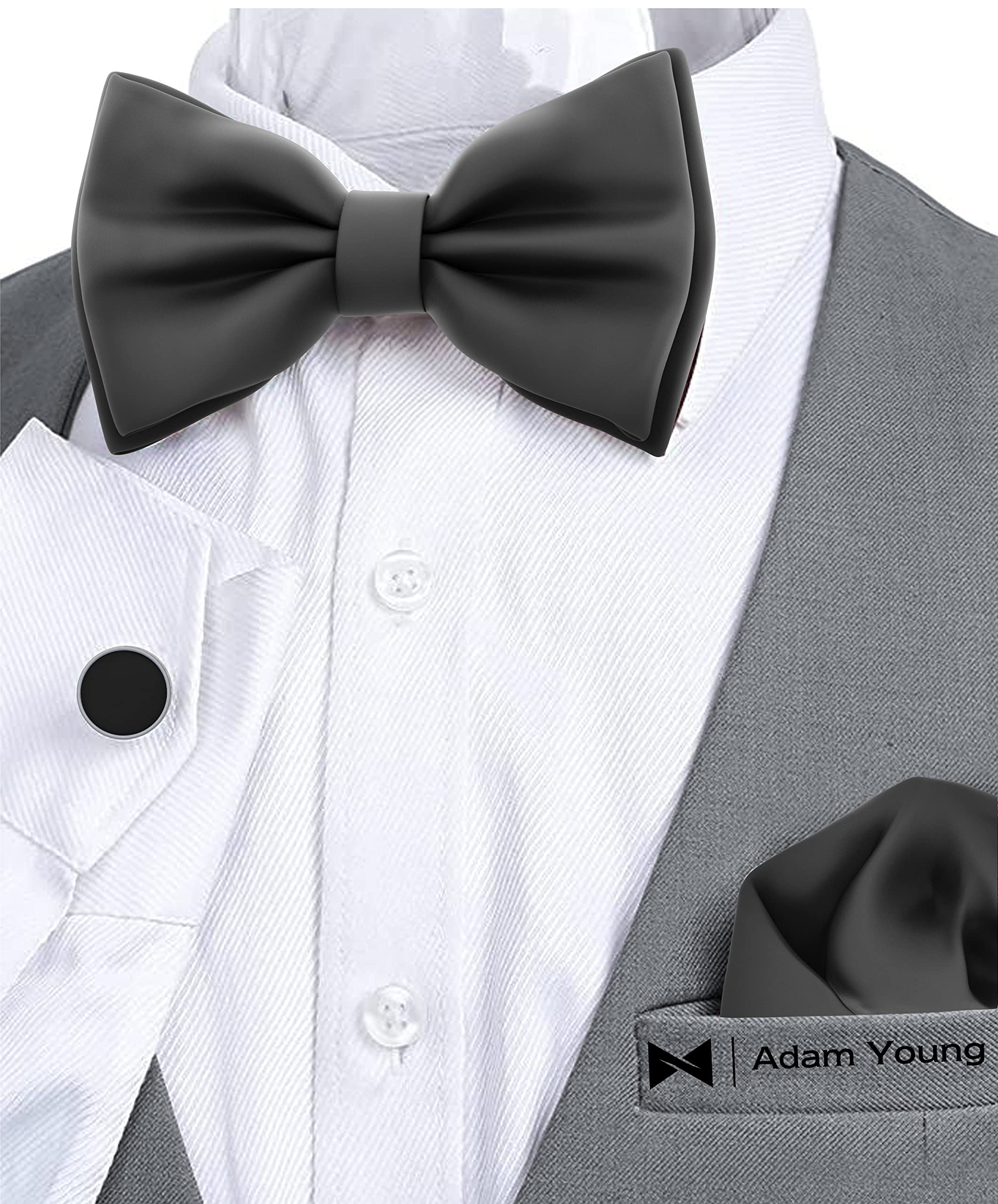 Adam Young Men's Bow Ties with Handkerchief & Cufflinks Pre-Tied Style Formal Satin Classic Bowtie for Tuxedo Faux Silk