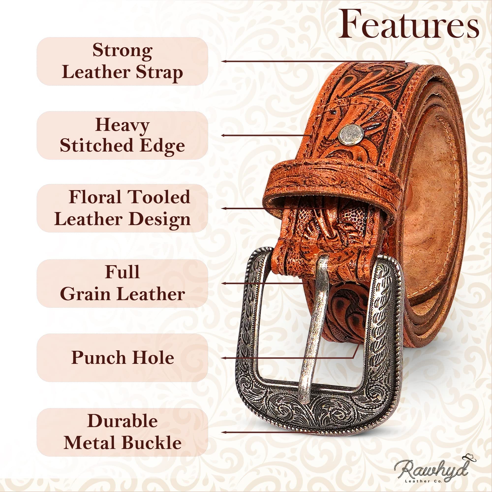 RAW HYD Leather Western Belts for Men - Cowboy Belts for Men - Mens Western Belt w/Buckle - 1.5" Wide Mens Cowboy Belt