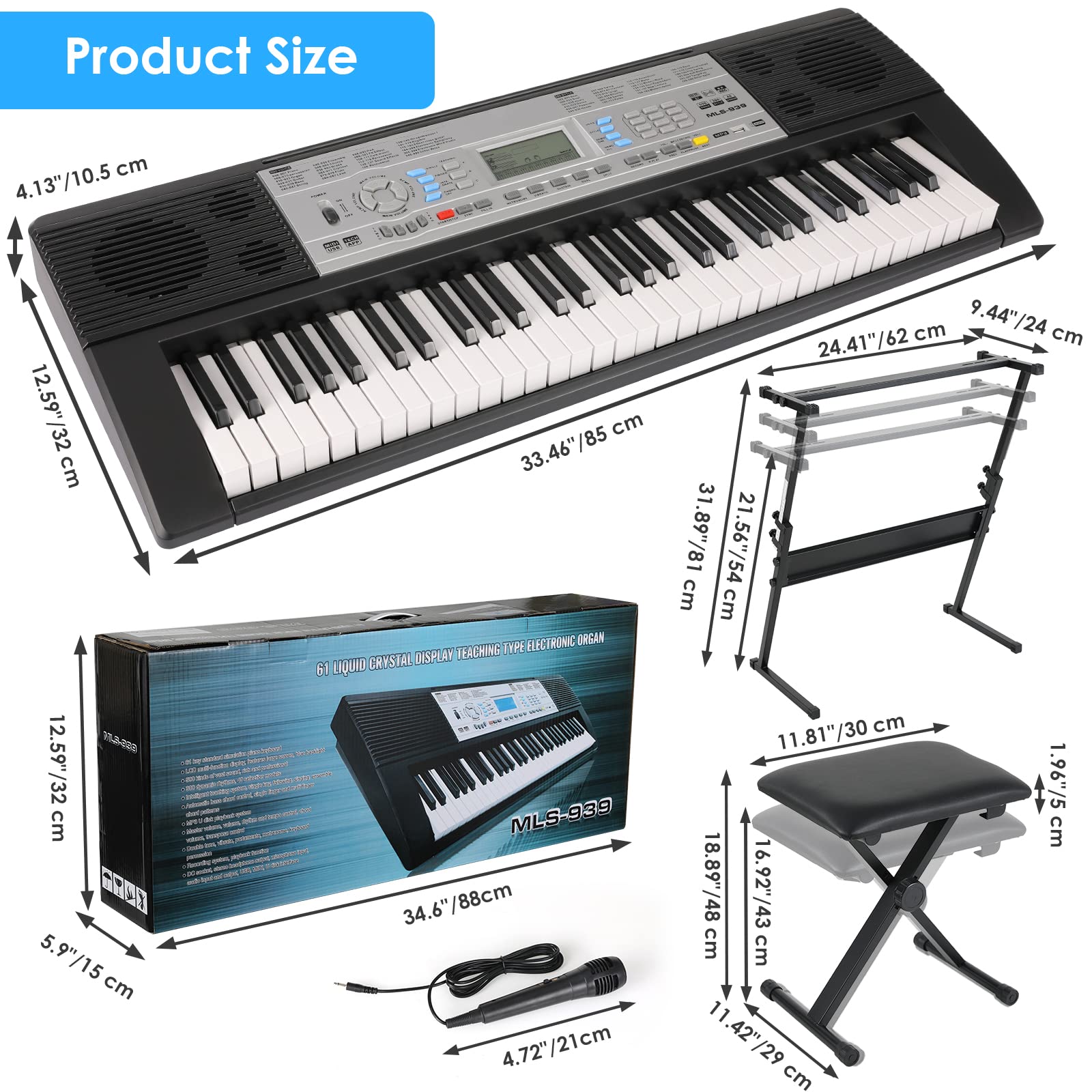 MAMIZO 61 Key Keyboard Piano, Electric Piano Keyboard for Beginners with X-Stand, Stool, Microphone, Dual Power Supply, 3 Teaching Modes, LCD, Supports USB MIDI, Perfect for Children