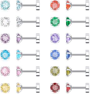 leocuci stainless steel flat back stud earrings for women screw back twist cartilage earring surgical steel colorful cz earrings 20g 4mm