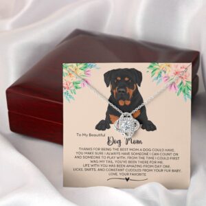 Rottweiler Dog Mom, Necklace for My Rottweiler Fur Mom, Rottweiler Dog Portrait Message Card for my Dog Mum, Dog Mom Jewelry Present Pet Owner Mahogany Style Luxury Box (w/LED) - Love Knot