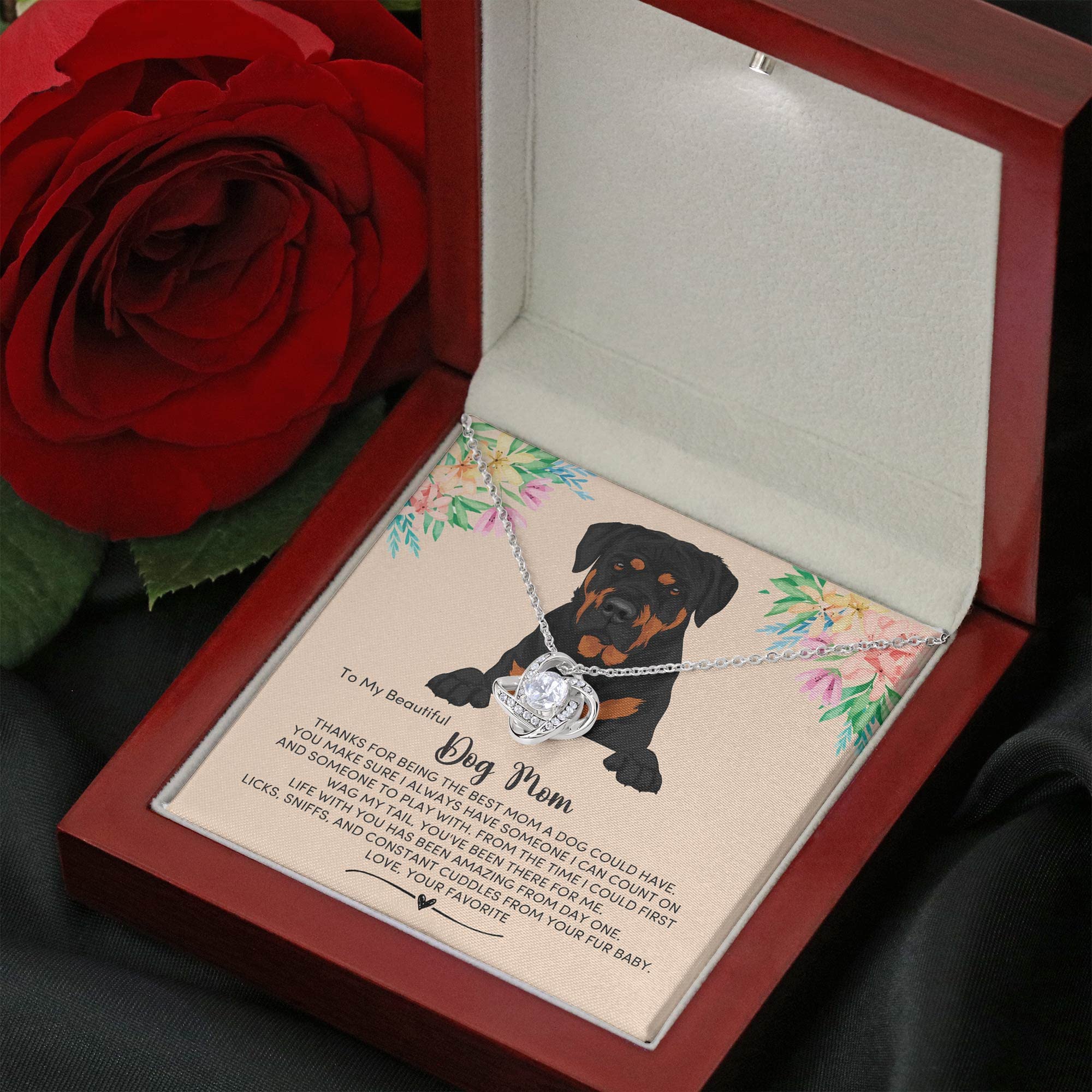 Rottweiler Dog Mom, Necklace for My Rottweiler Fur Mom, Rottweiler Dog Portrait Message Card for my Dog Mum, Dog Mom Jewelry Present Pet Owner Mahogany Style Luxury Box (w/LED) - Love Knot