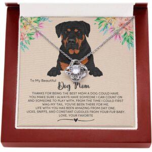 rottweiler dog mom, necklace for my rottweiler fur mom, rottweiler dog portrait message card for my dog mum, dog mom jewelry present pet owner mahogany style luxury box (w/led) - love knot