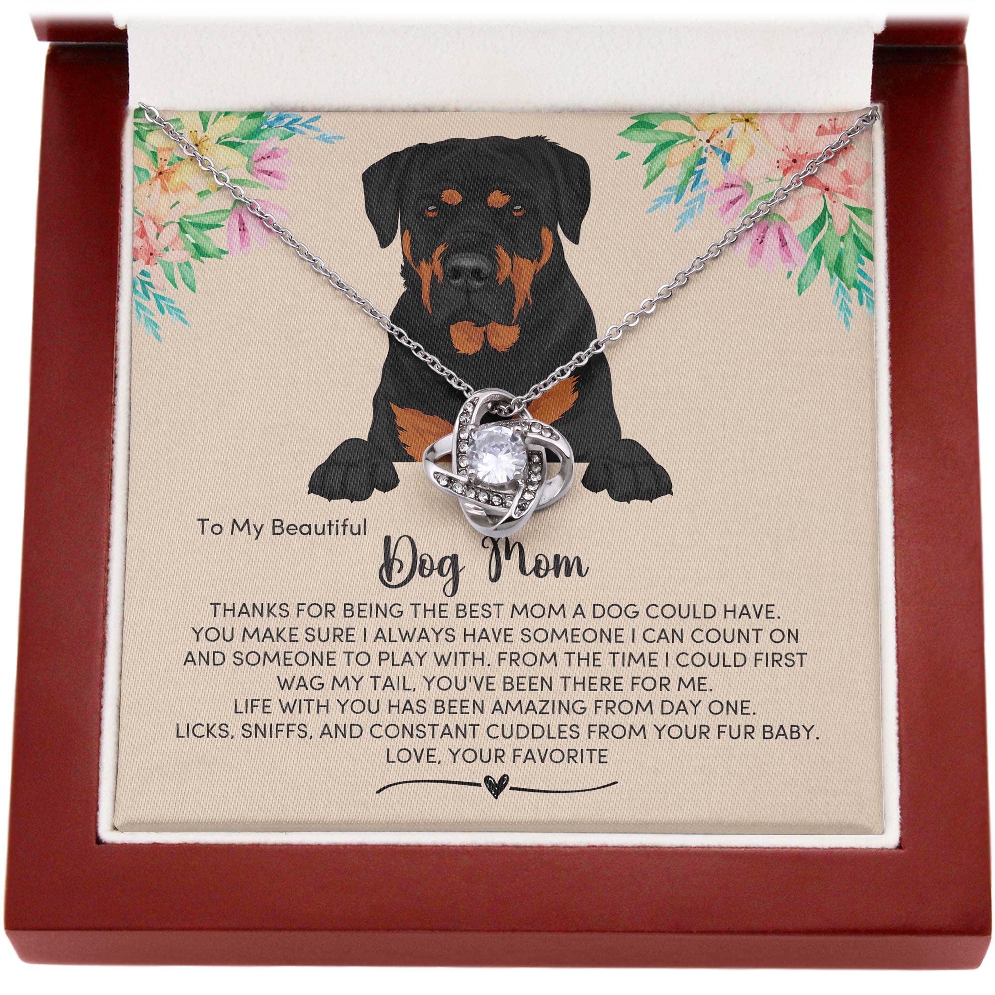 Rottweiler Dog Mom, Necklace for My Rottweiler Fur Mom, Rottweiler Dog Portrait Message Card for my Dog Mum, Dog Mom Jewelry Present Pet Owner Mahogany Style Luxury Box (w/LED) - Love Knot