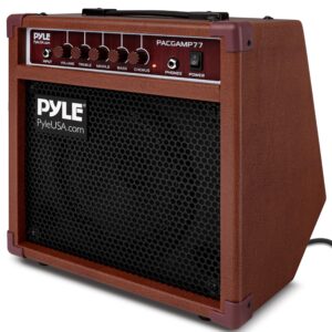 pyle acoustic electric guitar amplifier, 15 watt portable mini amp with chorus, volume, bass, middle, and treble knobs, headphone output, small 8 inch speaker for practice and portability