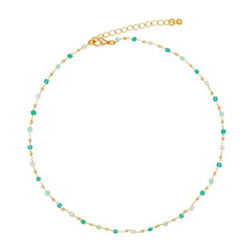 FUTIMELY Bohemia Green Beaded Beads Choker Necklace for Women,Simple Fresh Green Beaded Square Round Bead Choker Necklace Fashion Jewelry (Gold)