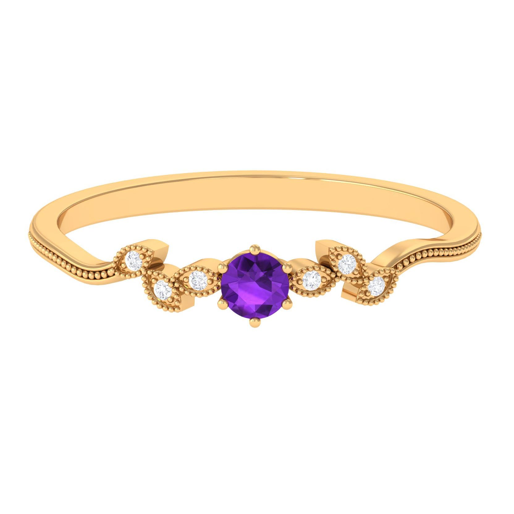 Natural Amethyst Diamond Promise Ring for Women - Pre Engagement Ring, 5 MM Round Amethyst Solitaire Ring, AAA Quality, 14K Yellow Gold, Size:US 8.00