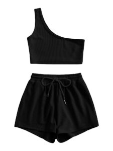 verdusa women's one shoulder tank top and lounge shorts 2 piece tracksuit set black m