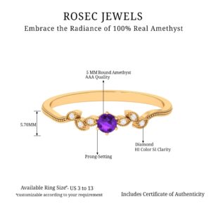 Natural Amethyst Diamond Promise Ring for Women - Pre Engagement Ring, 5 MM Round Amethyst Solitaire Ring, AAA Quality, 14K Yellow Gold, Size:US 8.00