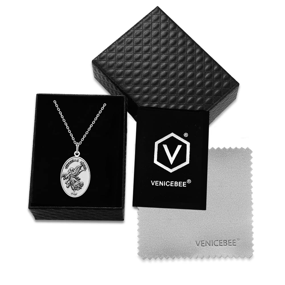 VENICEBEE® Guardian Angel Protect Me Medal Protection Charm Beautiful Solid 925 Sterling Silver Pendant Necklace Made in Italy + Velvet Pouch, Polishing Cloth, Fine Gift Box