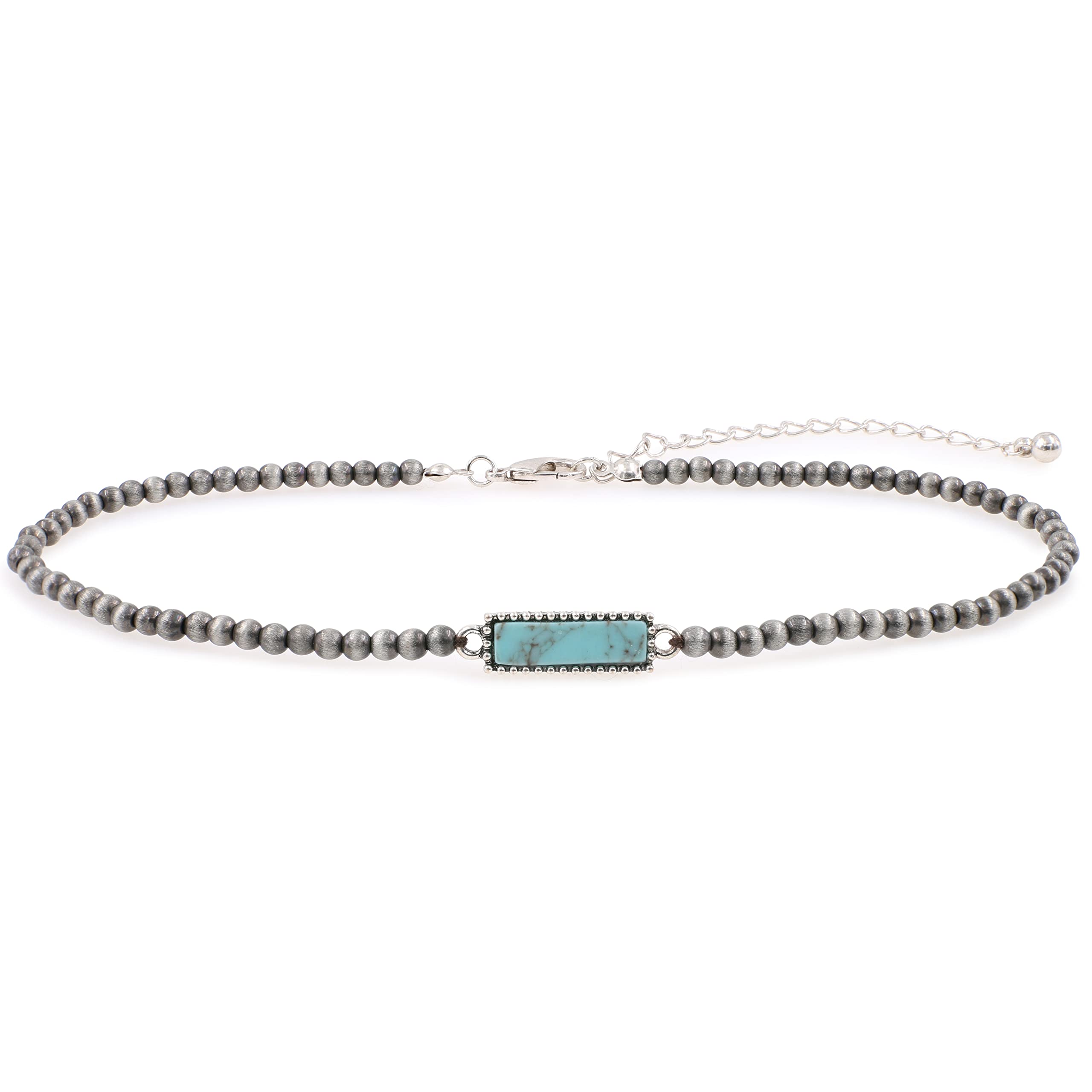 Turquoise Stone Silvertone Pendant Faux Navajo Pearl Choker Necklace 12 Inch (Rectangle Bar)