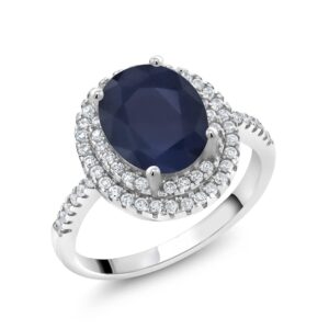 gem stone king 925 sterling silver oval blue sapphire and white moissanite halo engagement ring for women (2.63 cttw, gemstone birthstone, available in size 5, 6, 7, 8, 9)