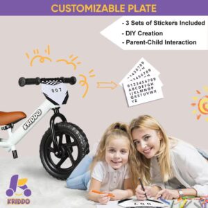 KRIDDO Toddler Balance Bike 2 Year Old, Age 18 Months to 5 Years Old, 12 Inch Push Bicycle with Customize Plate (3 Sets of Stickers Included), Steady Balancing, Gift Bike for 2-3 Boys Girls, WH