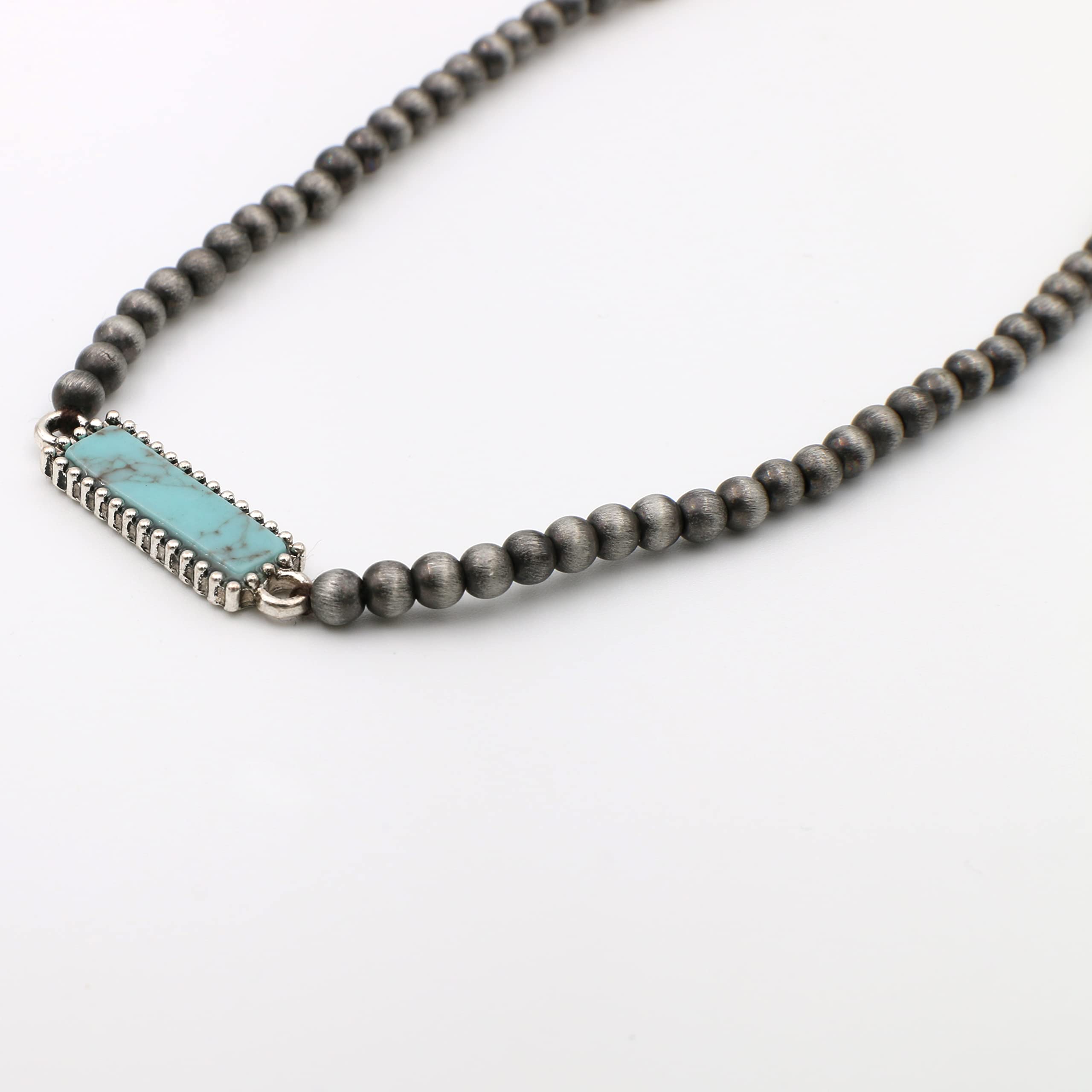 Turquoise Stone Silvertone Pendant Faux Navajo Pearl Choker Necklace 12 Inch (Rectangle Bar)