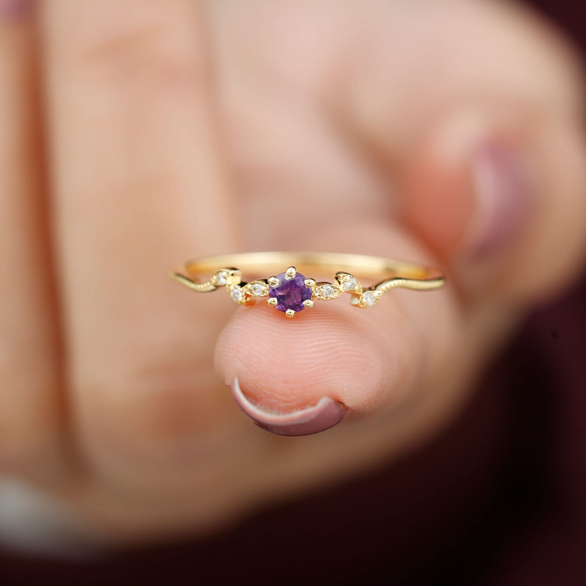 Natural Amethyst Diamond Promise Ring for Women - Pre Engagement Ring, 5 MM Round Amethyst Solitaire Ring, AAA Quality, 14K Yellow Gold, Size:US 8.00