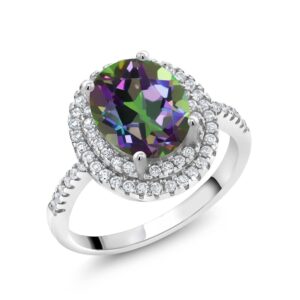 gem stone king 925 sterling silver oval green mystic topaz and white moissanite women halo engagement ring (2.73 cttw, gemstone birthstone, available in size 5, 6, 7, 8, 9)