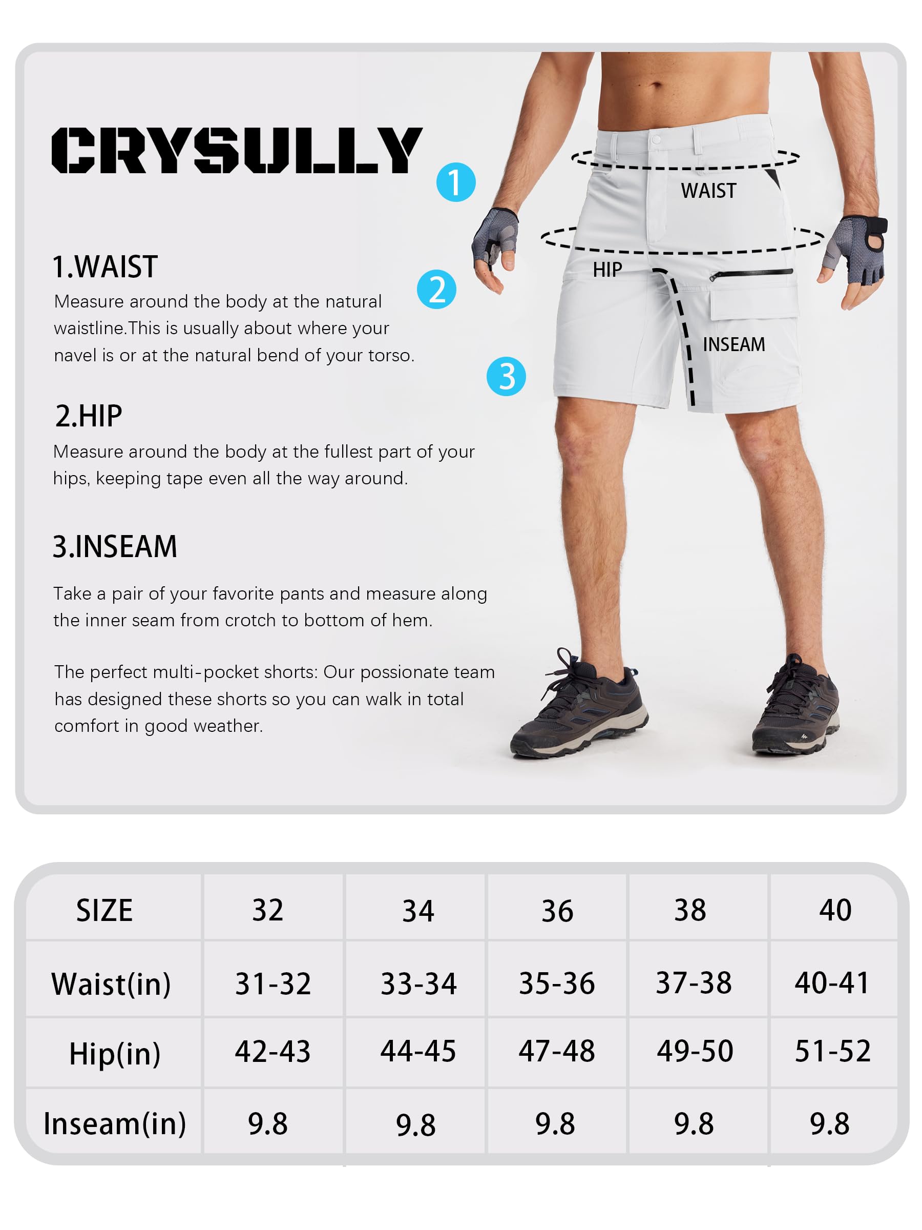 CRYSULLY Mens Summer Outdoor Shorts Lightweight Quick Dry Cargo Casual Hiking Shorts with 5 Zipper Pockets White 34