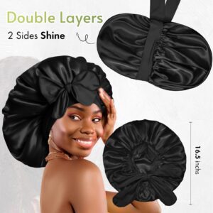 BONNET QUEEN Large Silk Bonnet for Sleeping Satin Bonnet Big Hair Bonnet Jumbo Braid Bonnet Double Layer Tie Bonnets Night Hair Wrap for Women Curly Hair Black