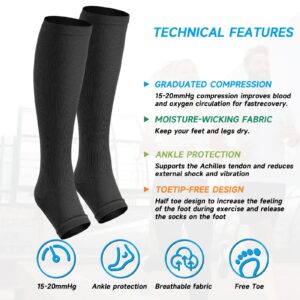 cerpite Open Toe Compression Socks Women & Men-2 Pairs 15-20 mmHg Knee High Stockings for Circulation Support