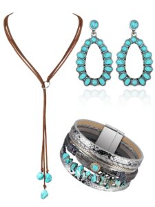 inbagi 3 pcs western jewelry for women bohemian set, boho pendant long choker, faux leather layered bracelet, dangle earrings(elegant style)