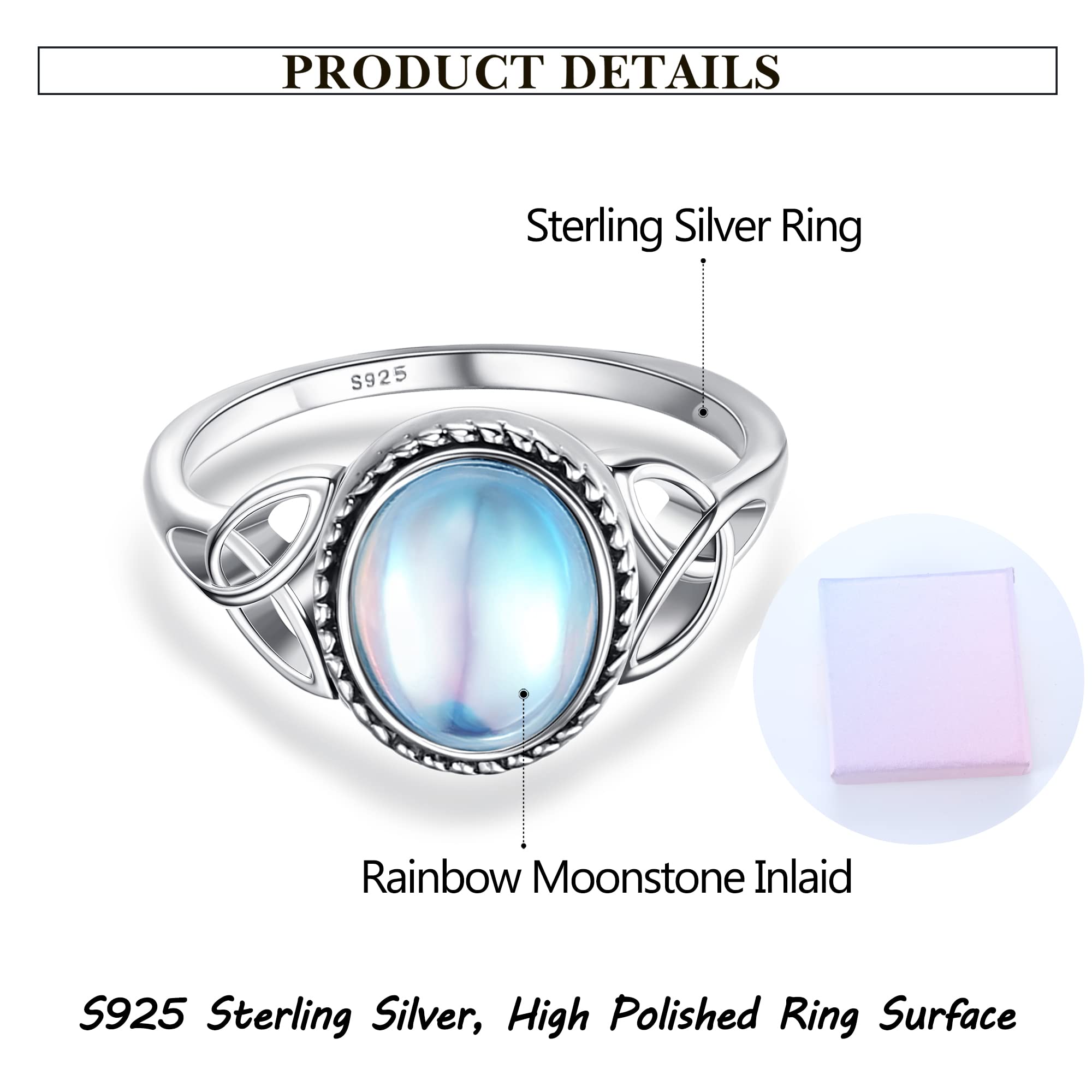 ADRAMATA 925 Sterling Silver Moonstone Ring for Women 18K White Gold Plated Rainbow Moon Stone Rings Victorian Style Gemstone Solitaire Oval Moonstone Ring Size 8