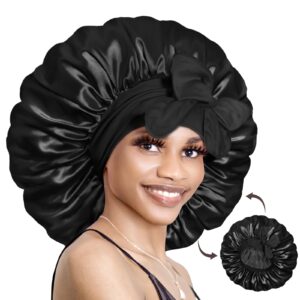 bonnet queen large silk bonnet for sleeping satin bonnet big hair bonnet jumbo braid bonnet double layer tie bonnets night hair wrap for women curly hair black