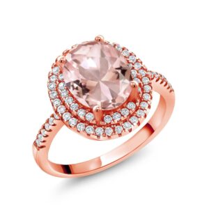 gem stone king 18k rose gold plated silver peach nano morganite and white moissanite halo engagement ring (2.43 cttw, oval 9x7mm, available in size 5, 6, 7, 8, 9)