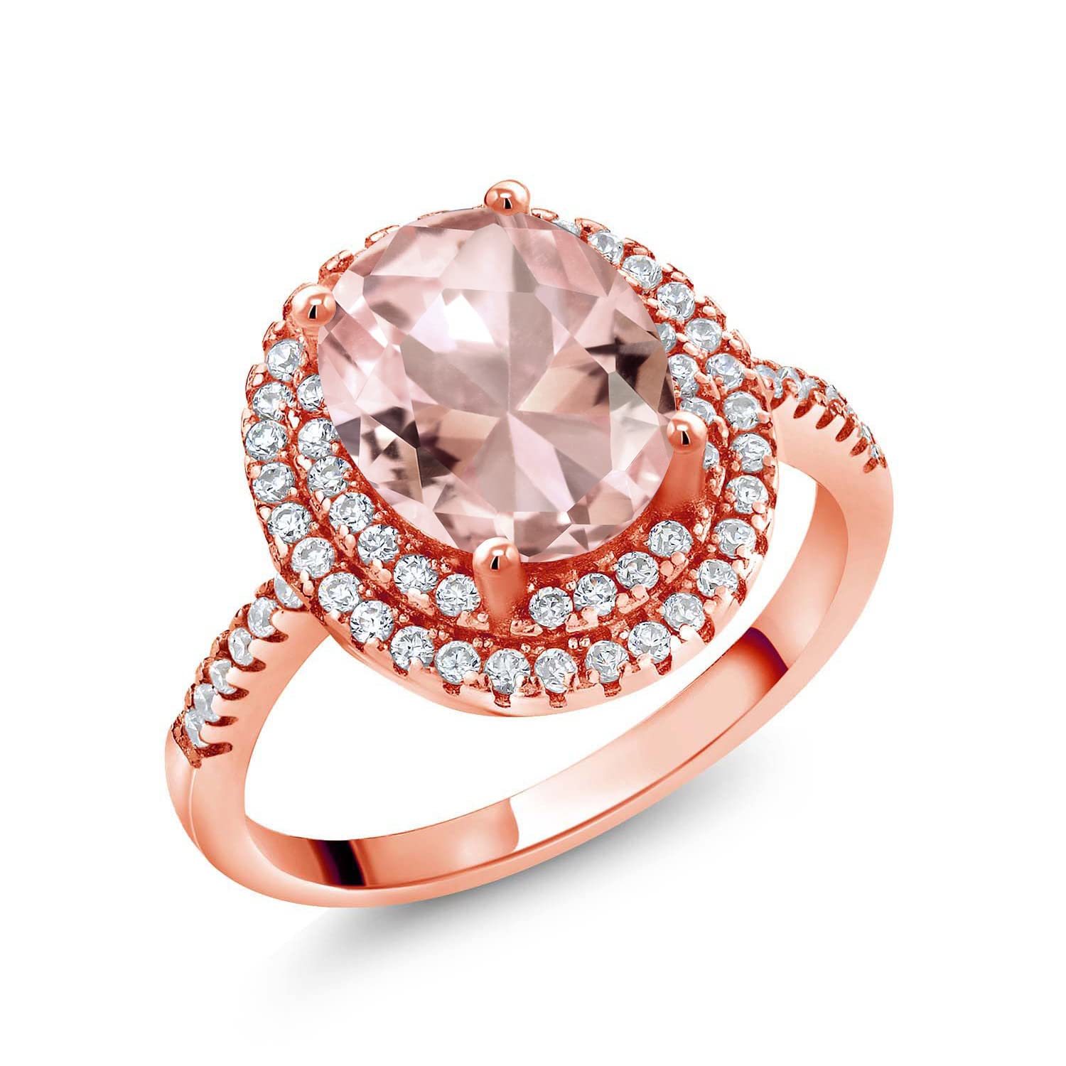 Gem Stone King 18K Rose Gold Plated Silver Peach Nano Morganite and White Moissanite Halo Engagement Ring (2.43 Cttw, Oval 9X7MM, Available In Size 5, 6, 7, 8, 9)