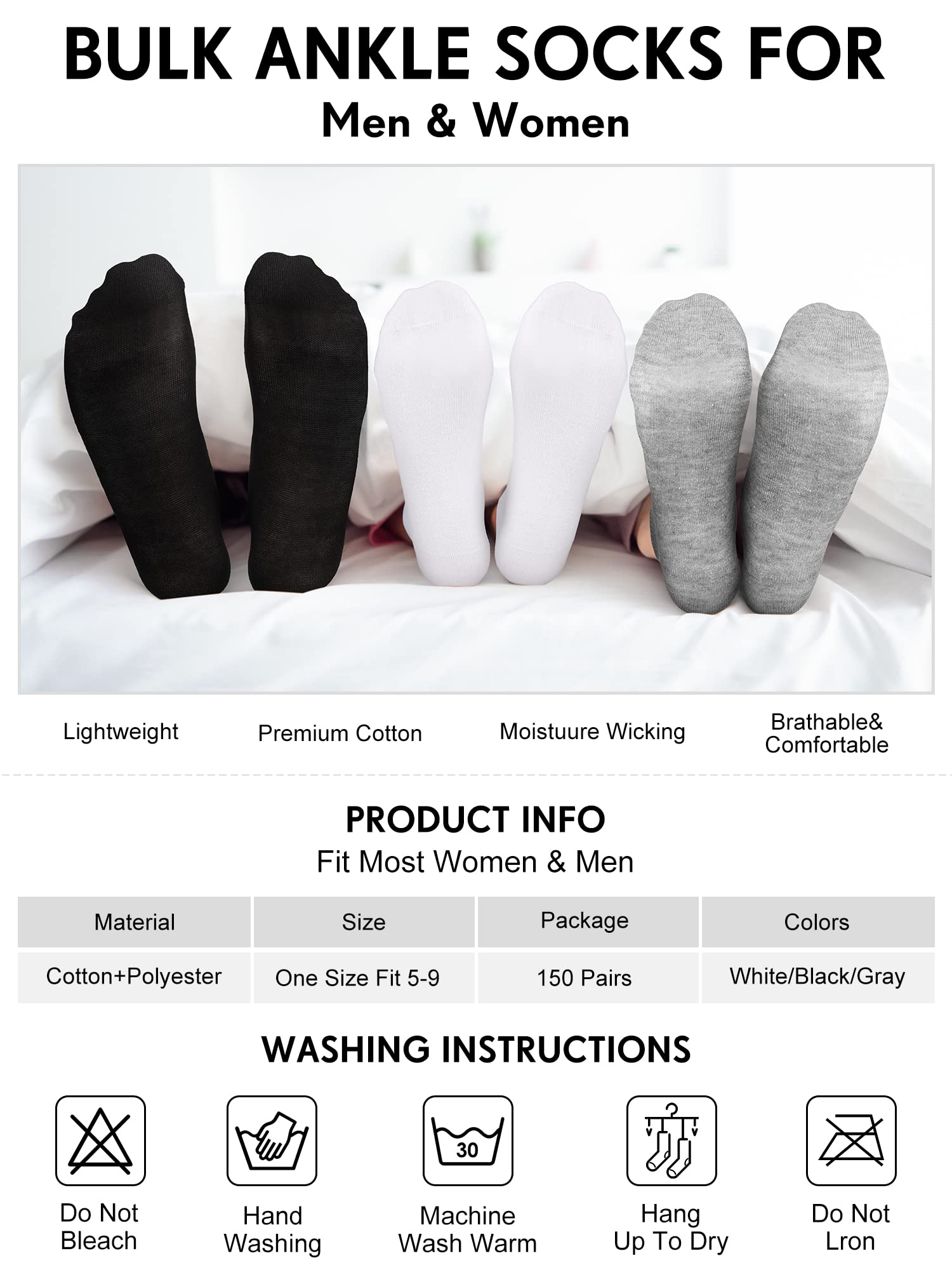 150 Pairs Low Cut Ankle Socks Pack Comfortable Wicking Lightweight Ankle Sock Casual No Show Short Socks for Men Women (White, Black and Gray)