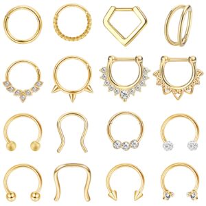 besteel hypoallergenic gold septum rings 16g 8mm surgical steel clicker nose rings hoops set small lip cartilage helix daith piercing jewelry for women men 16 pcs