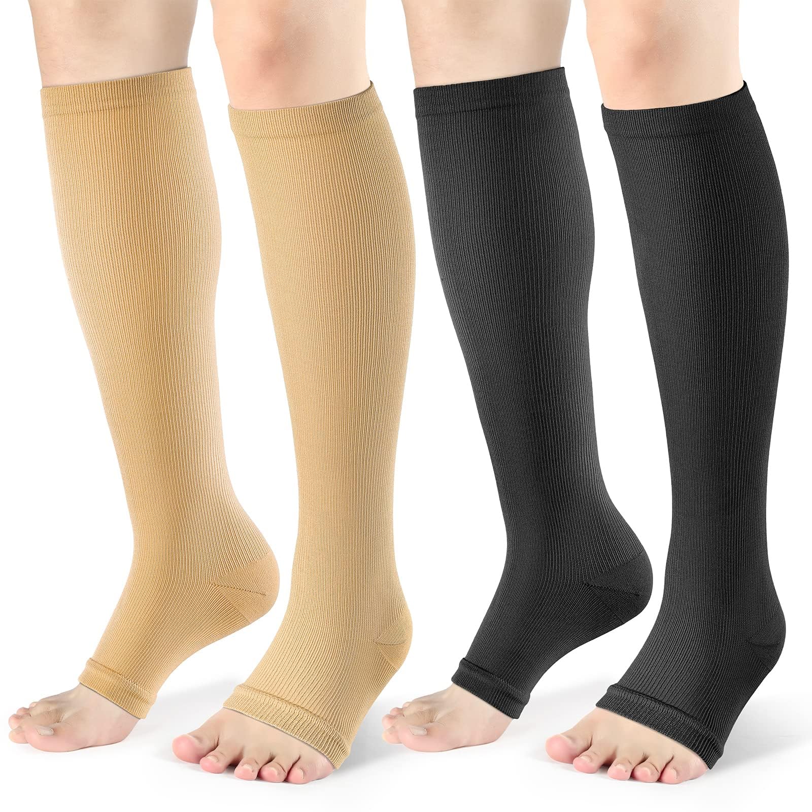 cerpite Open Toe Compression Socks Women & Men-2 Pairs 15-20 mmHg Knee High Stockings for Circulation Support