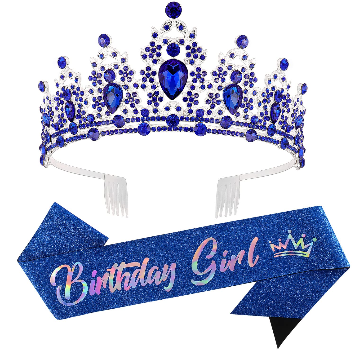 SuPoo Birthday Crowns for Women Birthday Sash and Crown Kit Blue Birthday Tiara Rhinestones Crown with Comb Glitter Birthday Girls Sash Crystal Headband Happy Birthday Decorations Hair Accessory