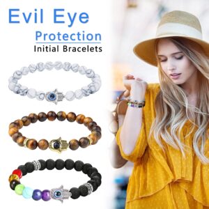 Sanfenly 10Pcs Evil Eye Bead Bracelet for Women Men Hamsa Hand Fatima Blue Eye Chakra Beaded Charm Stretch Bracelet Turkish Evil Eye Good Luck Protection Bracelet Evil Eye Jewelry Gift