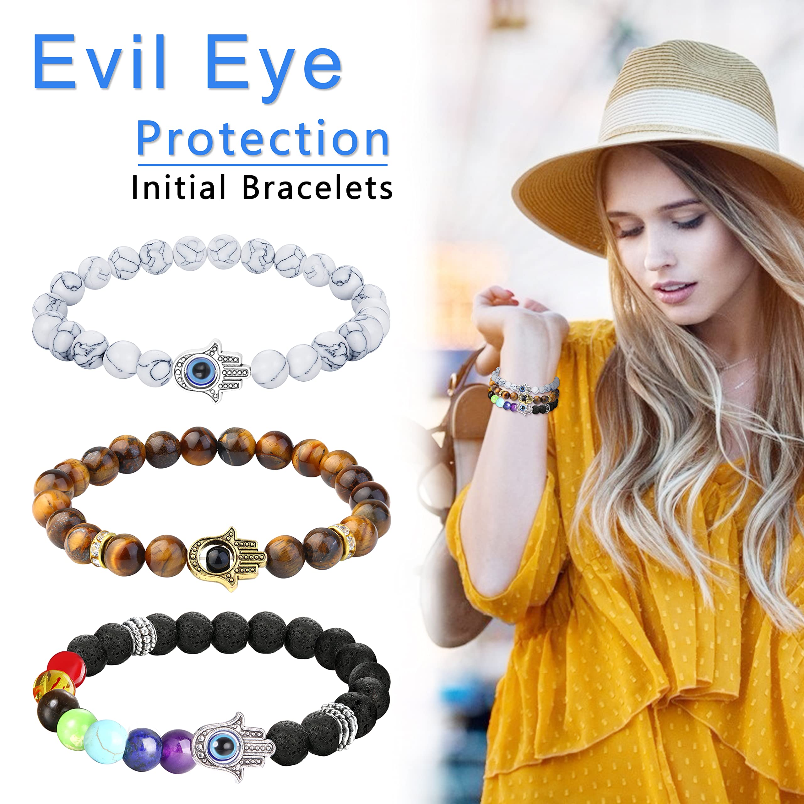 Sanfenly 10Pcs Evil Eye Bead Bracelet for Women Men Hamsa Hand Fatima Blue Eye Chakra Beaded Charm Stretch Bracelet Turkish Evil Eye Good Luck Protection Bracelet Evil Eye Jewelry Gift