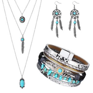 3 pcs western jewelry for women bohemian turquoise set turquoise pendant necklace western dangle earrings turquoise bracelet(cute style)