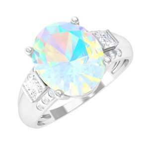 natural certified opal 8x10mm oval engagement ring, aaa quality, ethiopian opal diamond solitaire ring - with jewelry box, 14k white gold, size:us 7.00