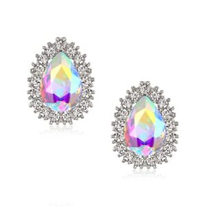 brilove women's fashion crystal teardrop oval stud earrings for paryt prom iridescent ab silver-tone