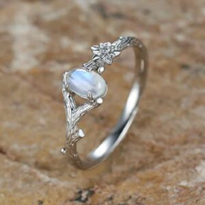 HUKQBUNX 925 Sterling Silver Natural Moonstone Ring Feminine Branch Flower Lady Shiny Wedding Engagement Ring Birthday Party Ring Size 6-10 (Size 8)