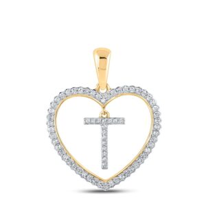 10kt yellow gold womens round diamond heart t letter pendant 1/4 cttw