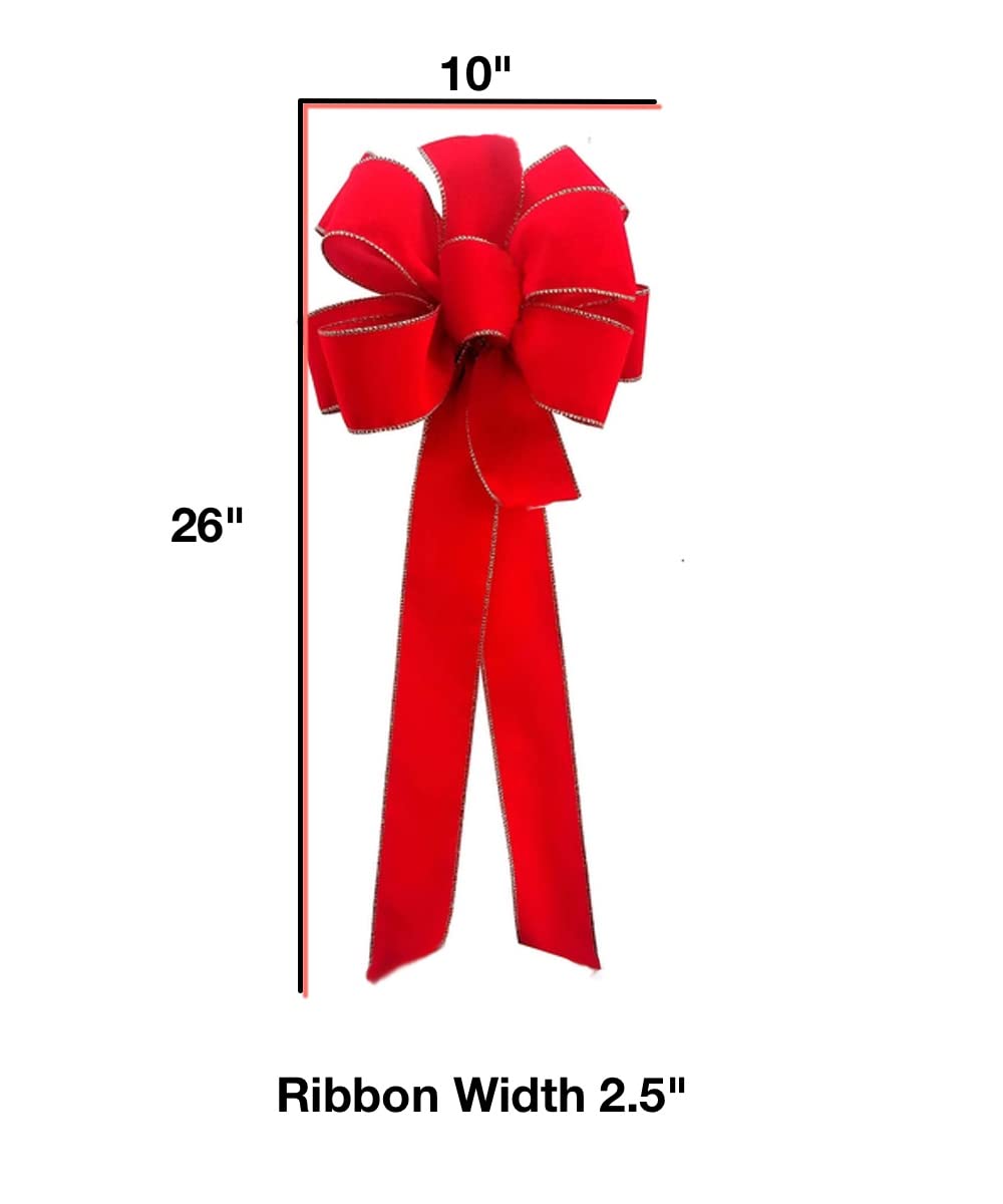 Rocky Mountain Goods 10” x 26” Christmas Red Bow with Gold Edges - Indoor/Outdoor Bow for Wreaths, Tree Topper, Door, Post (1)