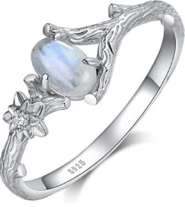 hukqbunx 925 sterling silver natural moonstone ring feminine branch flower lady shiny wedding engagement ring birthday party ring size 6-10 (size 8)