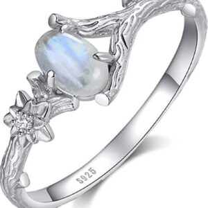 HUKQBUNX 925 Sterling Silver Natural Moonstone Ring Feminine Branch Flower Lady Shiny Wedding Engagement Ring Birthday Party Ring Size 6-10 (Size 8)