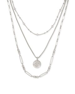 kendra scott medallion triple strand necklace in silver-plated brass, fashion jewelry for women, rhodium