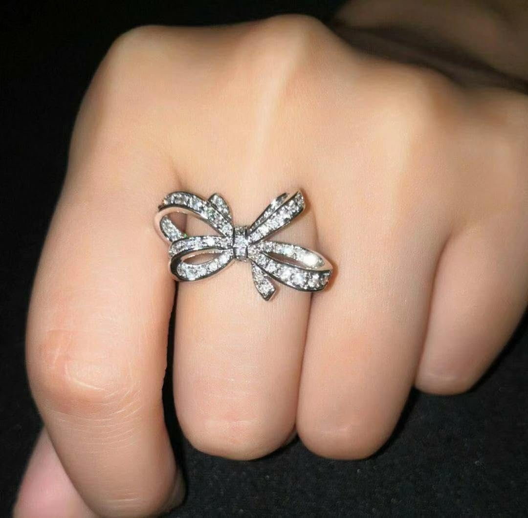 DCFSHEE Butterfly Sparkly CZ Rhinestone Cubic Zirconia Cocktail Ring Bow-Knot Knuckle Ring Wedding Promise Jewelry Ring for Women (US size 6)