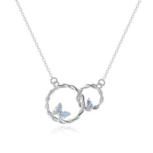 brilove 925 sterling silver cubic zirconia dainty butterfly double circles pendant necklace for women mom mothers day/valentines day/birthday/christmas/anniversary blue topaz silver-tone